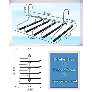 CINKSY Pants Jeans Hangers Space Saving 5 Layers Clothes Hangers with Non-Slip Foam Padded Swing Arm Trousers Hangers Heavy Duty Multi-Layer Pants Rack for Slacks Scarf - 2 Pack