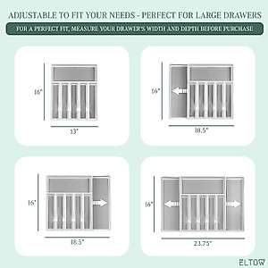ELTOW Expandable In Drawer Silverware Organizer - Kitchen Storage Silverware Tray For Flatware – Cutlery Holder With 8 Compartments - Multipurpose Organizer Tray For Kitchen & Office Supplies - White