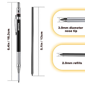 Enhon 2 MM Carpenter Pencils Set with 12 Marker Refills and Sharpener, Mechanical Carpenter Pencil Woodworking Marking Tool Solid Deep Hole Construction Pencil, Extended Needle-Nose Tip (Black)