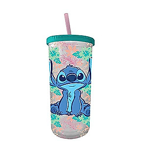 Silver Buffalo Lilo and Stitch Tropical Pattern Plastic Tall Tumbler/Cold Cup with Lid and Straw, 20-Ounce