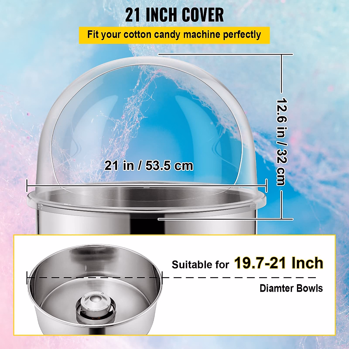 VBENLEM 21 Inch Cotton Candy Machine Cover Bubble Shield Plastic for Commercial Floss Maker, Clear & Perfectware - PW Cotton Candy Cone 100ct Cotton Candy Cones 100ct