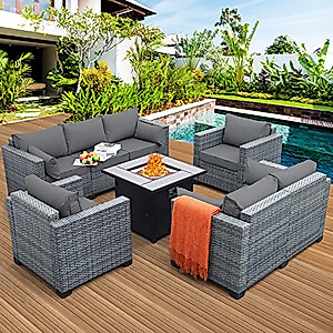 Valita Patio Rattan Furniture Set with Gas Fire Pit Table,5-Piece All Weather Gray Outdoor PE Wicker Resin Chairs and Couch,Sectional Conversation Sofa Set with Gray Cushions