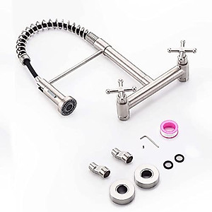 Wall Mount Kitchen Sink Faucet with Pull Out Sprayer Tow Function Commercial Spring Faucet 2 Industrial Handle High Arc Center Faucet, Brushed Finish