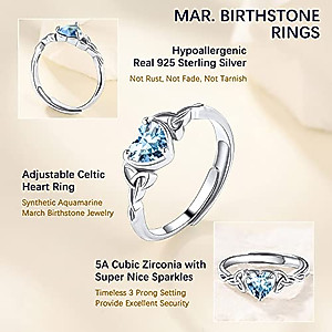 Suplight 925 Sterling Silver March Birthstone Rings Adjustable Aquamarine Celtic Knot Heart Rings for Women