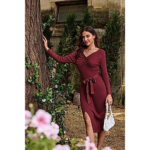 GRACE KARIN Women's V Neck Cable Knit Fall Sweater Dress Long Sleeve Tie Waist Bodycon Slit Pullover Midi Dress with Belt Wine L