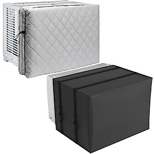BEWAVE 2 Pack Indoor Outdoor Window Air Conditioner Cover Adjustable Window AC Unit Cover with Drawstring Double Insulation 25"x17"x3.5" for Inside Dust-Proof Waterproof 25.5”x20.5”x18” for Outside