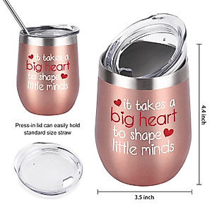 GINGPROUS 2 Pack Teacher Appreciation Gifts in Bulk, It Takes a Big Heart Wine Tumbler Set, Birthday Christmas Teacher Gifts for Teachers Women,12 Oz Stainless Steel Wine Tumbler with Lid, Rose Gold