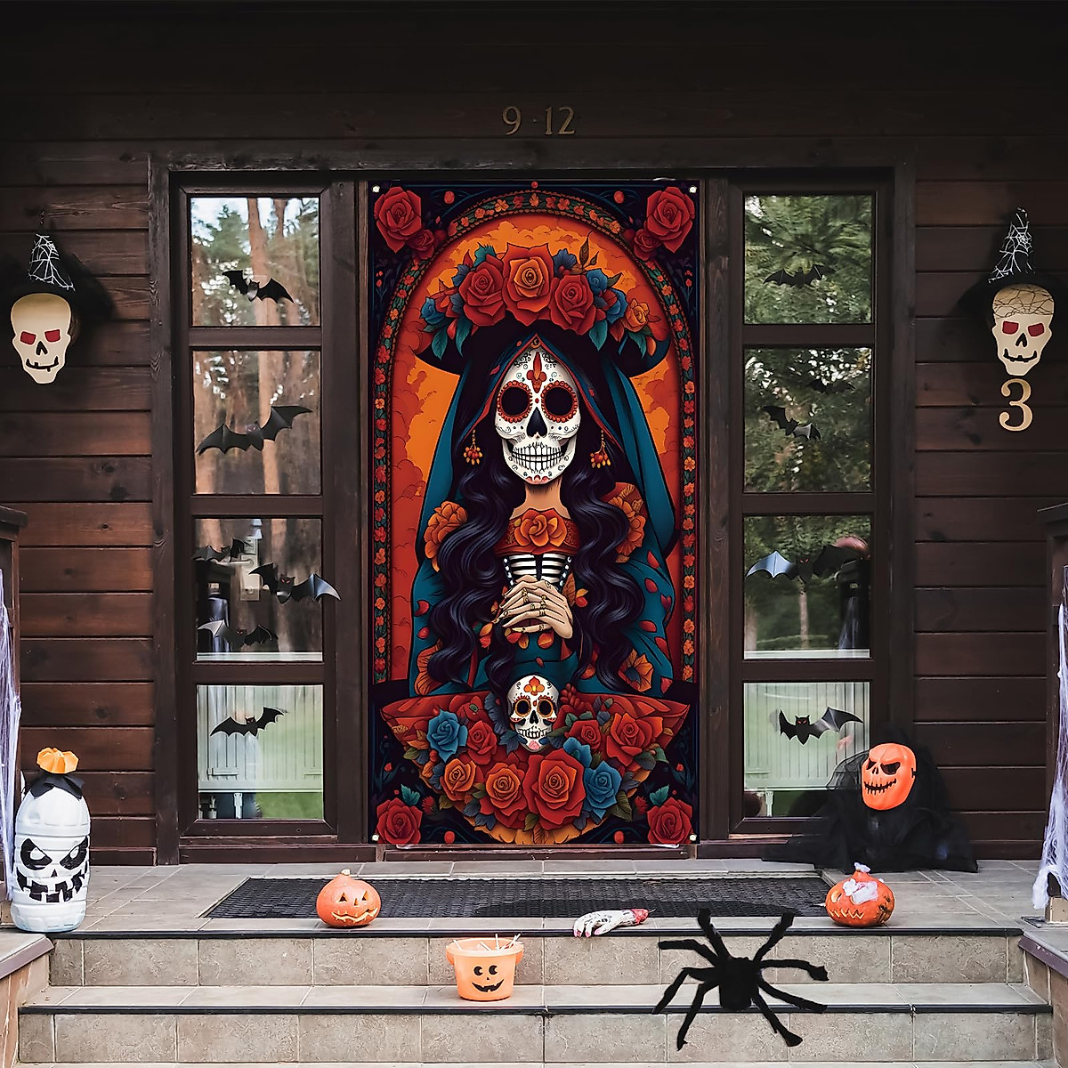 Day of The Dead Door Cover Dia De Los Muertos Backdrop Sugar Skull Rose Altar Mexican Fiesta Party Decorations and Supplies for Home