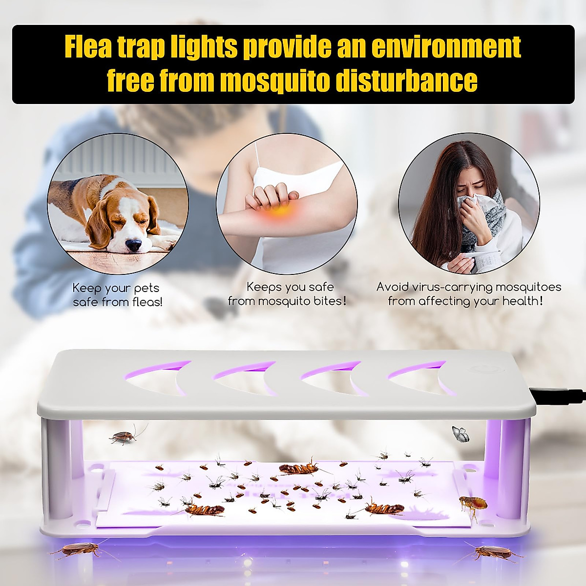 Flea Traps for Inside Your Home, Flea Trap with Adjustable Light Modes & 4 Flying Insect Trap Sticky Refill Pads, Pest Trapper for Fleas, Flies, Mosquitoes (2, White)