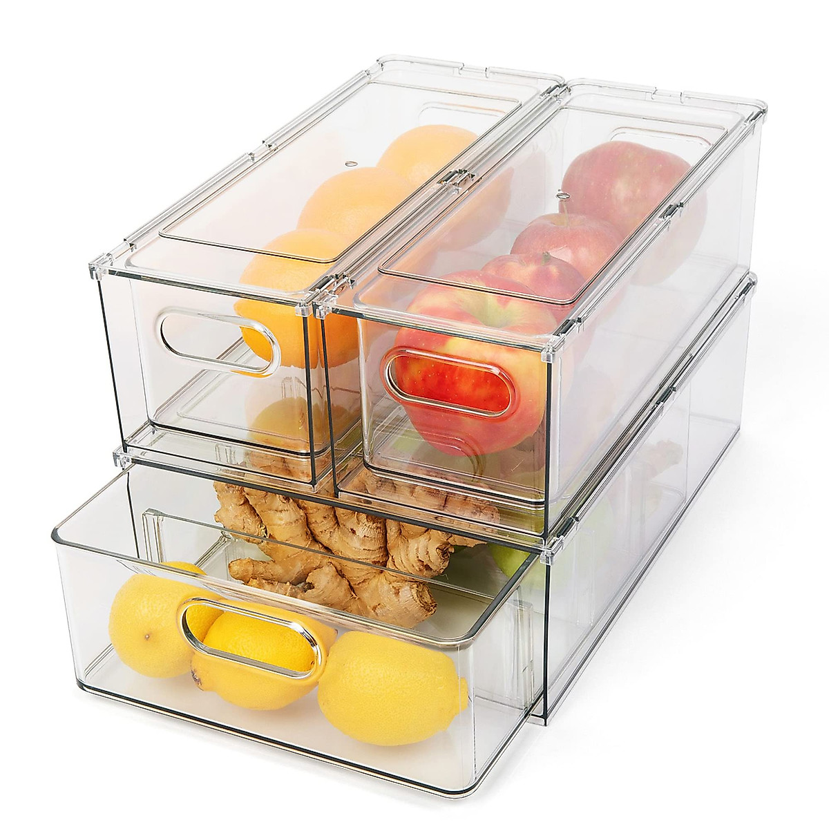 JRA products Pack of 3 Fridge Organizer with Pull-out Drawers Large Stackable Refrigerator Organizer Bins Set with Handles Clear Pantry Storage Bins for Kitchen, Freezer, and Cabinet