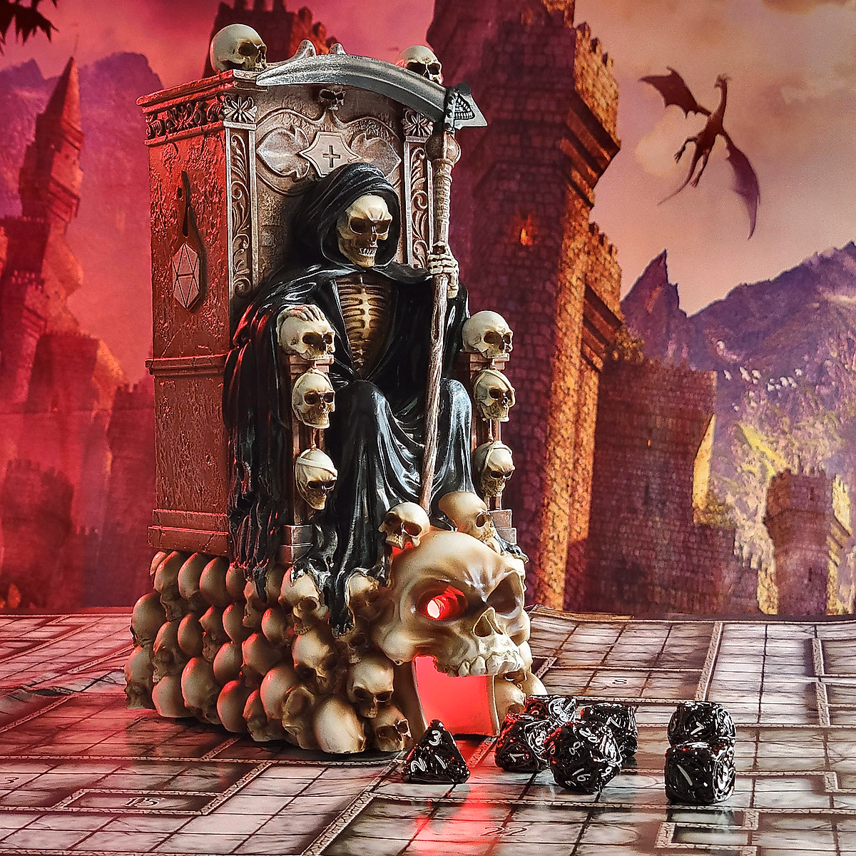 Forged Dice Co. Grim Bones Dice Tower with LED Skull - Hand Painted Grim Reaper Dice Rolling Tower Made from Heavy Duty Resin - Compatible with DND Accessories and Tabletop RPG Games