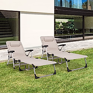 Giantex Patio Chaise Lounge Chair 7 Adjustable Position Folding Camping Cot, Outdoor Lounger with Cup Holder, Detachable Pillow, Beach Sleeping Recliner for Poolside, Lawn Sunbathing Chair (1, Beige)