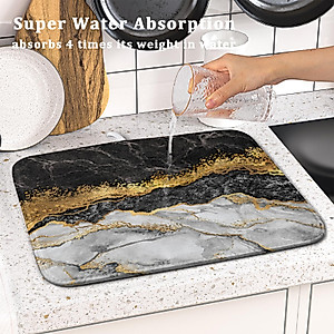 Black Gray Marble Dish Drying Mat - 16 x 18 inch Microfiber Dish Mat Absorbent Drying Pad Heat Resistant Dish Drainer Mats for Kitchen Countertop