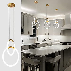 PENACINY Modern LED Pendant Light Fixtures, 22W Adjustable 2 Ring Gold Pendant Lighting,Circular Hanging Chandelier for Kitchen Island Dining Room Bedroom Entryway Hallway,D11.8+D 9.8" 4000K