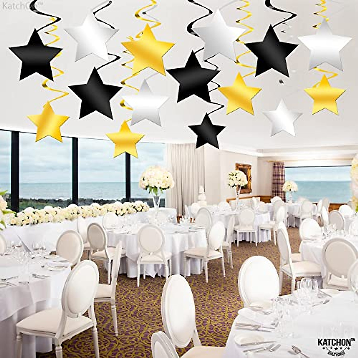 Black, Gold and Silver Star Hanging Swirls - Pack of 30, No DIY | Neon Glow, Congrats Grad Banner - NO DIY, 10 Feet Congrats Banner | Neon Effect Congratulations Banner | Black and Gold Grad Party