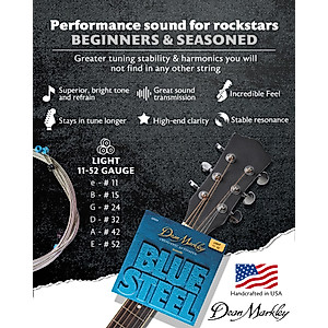 Dean Markley 2034 Blue Steel Acoustic Guitar Strings 6 String Set 11-52 Light Gauge, Cryogenically Processed Steel Guitar Strings for Longer Life, Superior Tone Performance & Tuning Stability