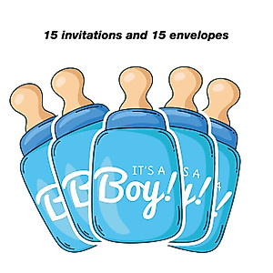 Ulazom It's a Boy Baby Shower Party Invitations Gender Reveal Feeder Shaped Fill-In Invitations with Envelopes Set of 15 Blue Baby Boy Invites Cards