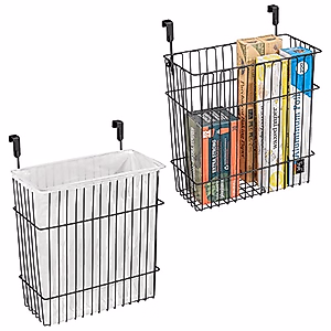 mDesign Steel Metal Wire Hanging Over Door Kitchen Storage Organizer Basket/Trash Can - Cabinet Door Holder Bins for Bags, Tin Foil, Wax Paper, Cling Wrap - Concerto Collection, 2 Pack, Matte Black