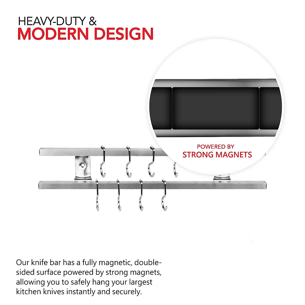 Modern Innovations (12 Inch) Stainless Steel Metal Magnetic Knife Holder, Wall Mount Double Bar with 8 Hooks - Multipurpose Knife Magnetic Strip, Utensil hanger, and Kitchen Storage Rack Magnet