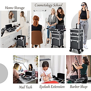 Professional Rolling Makeup Case, 3 in 1 Makeup Train Case, Cosmetology Case on Wheels, Large Makeup Trolley Salon Barber Traveling Trunk Suitcase for Makeup School Nail Tech Hairstylist MUA, Black