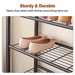 IDEALHOUSE Shoe Rack for Entryway, 5 Tier Shoe Storage Shelves with Mesh Storage Basket, 16-20 Pairs Shoe Organizer with Wooden Top Shelf for Closet, Hallway, Entryway, Rustic Brown