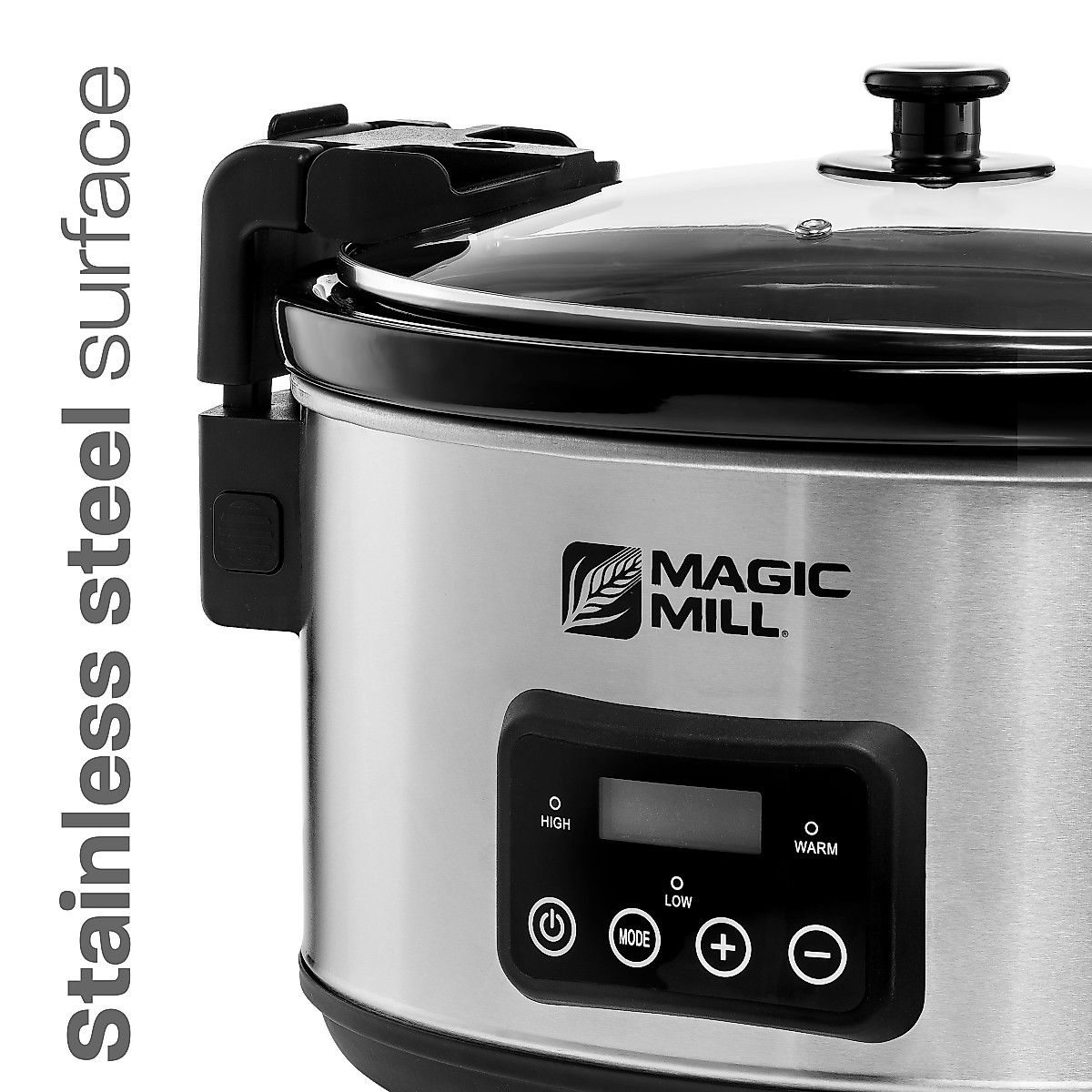 Magic Mill 8.5 Quart Extra Large Programmable Slow Cooker with Digital Adjustable 20 Hour Timer, 3 Cooking Settings, Brushed Stainless Steel, With Intelligent Lid Lock