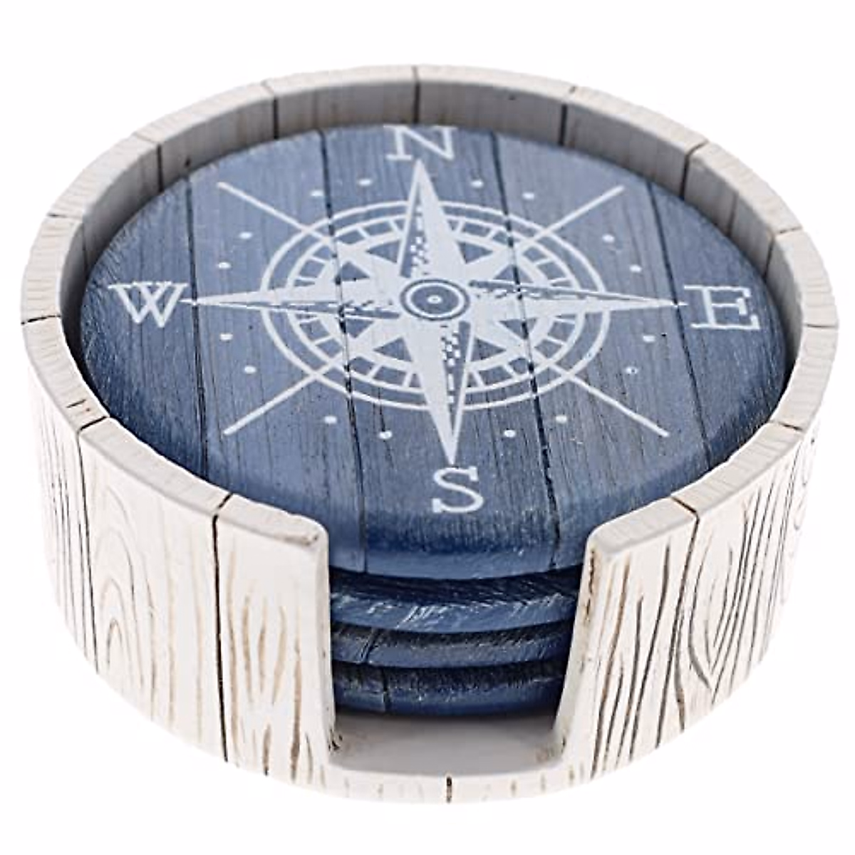 Compass Rose Coaster Set - Nautical Ocean Beach Boat Coastal Decor - Rustic Weathered Blue / White Finish