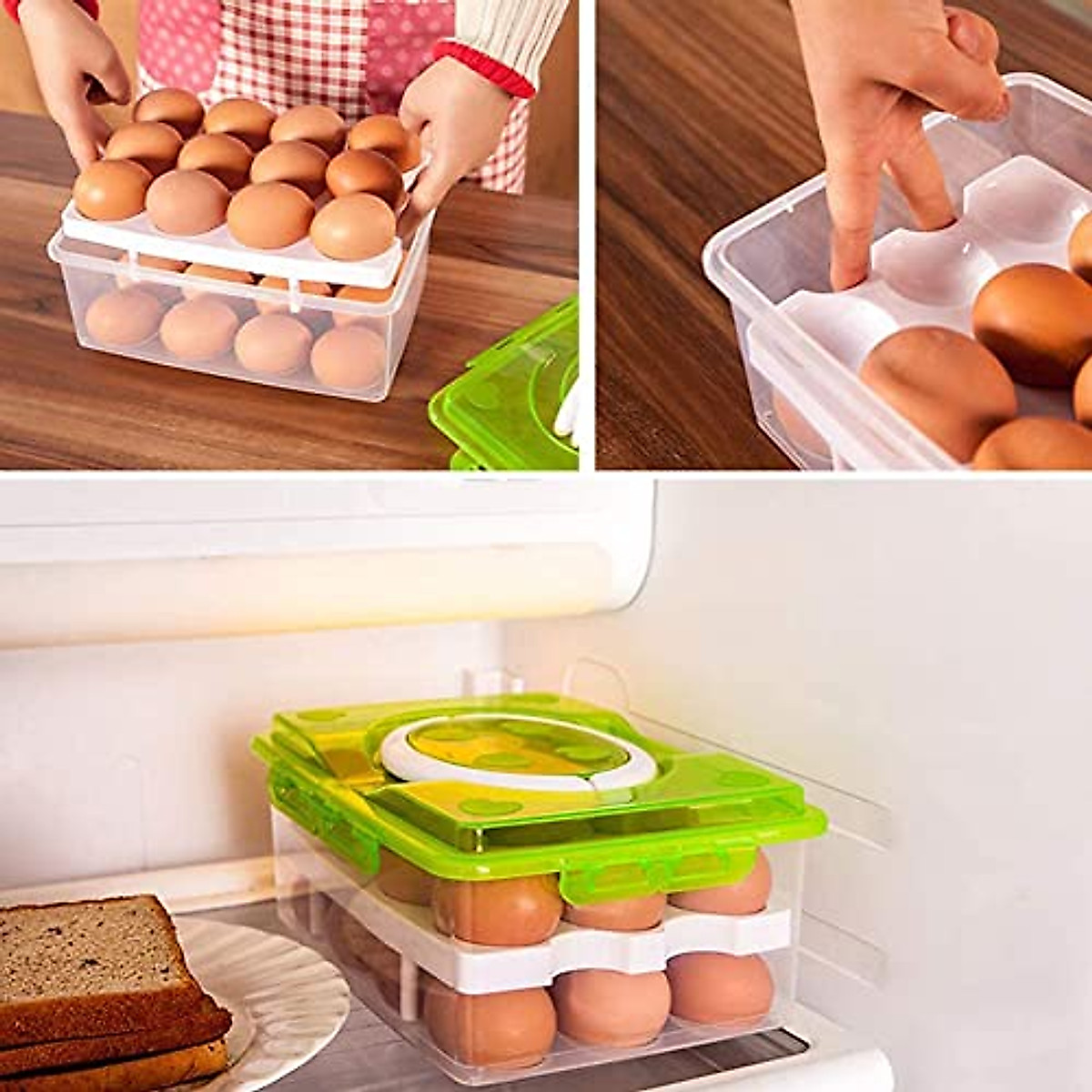 HOTUMN 2 Tiers Deviled Egg Containers with Lid & Holder Plastic Egg Holders Clear Egg Tray Egg Carrier Fridge Freezer Food Storage (Green) 24 eggs