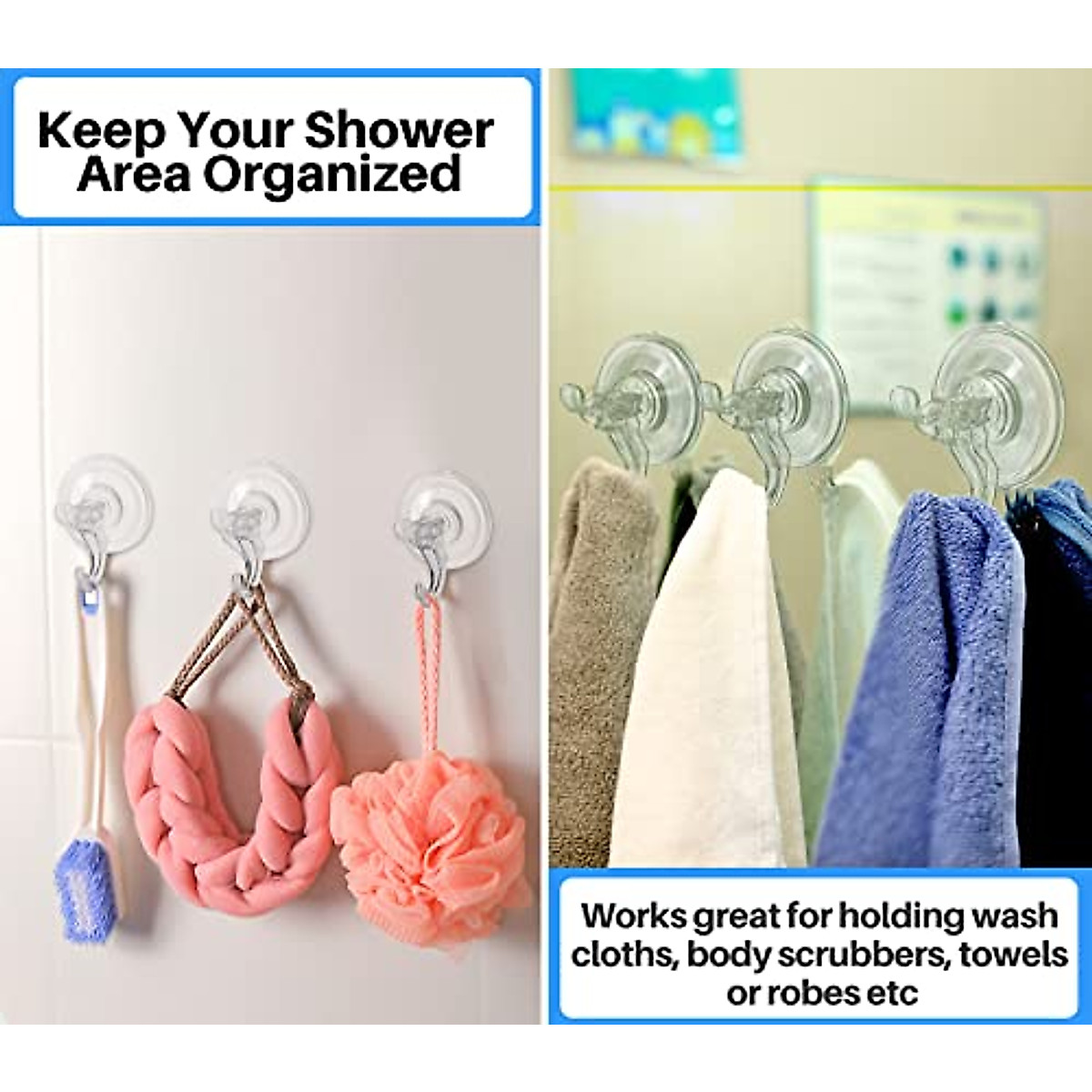 Goabroa Suction Cup Hooks, 6 Pack Clear 10 lbs Holding Suction Cup Dual Hooks Holder, Suction Cups for Glass, Waterproof Reuseable Suction Hanger for Bathroom, Shower, Kitchen