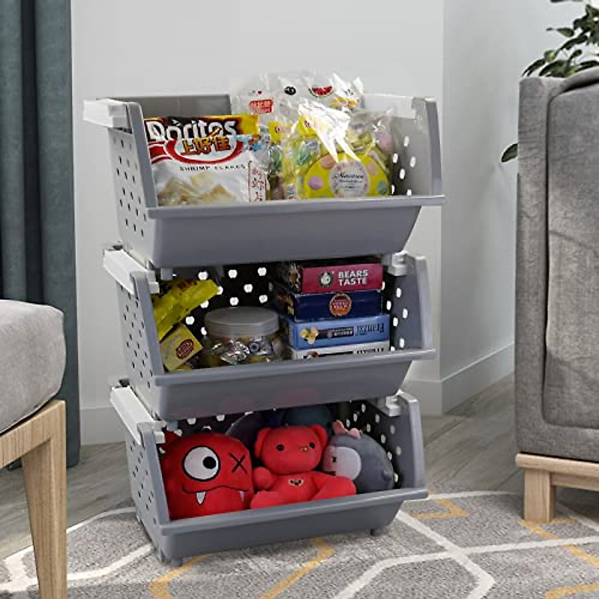 Utiao 3 Pack Gray Large Stacking Basket Bin, Open Front Stackable Storage Baskets