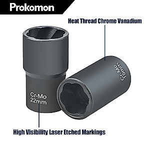 Prokomon Wheel Lock Removal Socket, 6 Pcs Cr-Mo Steel Twist Socket Set, Metric 17-22mm Bolt Lug Nut Extractor Socket with Drift Punch Nut Removal Bar