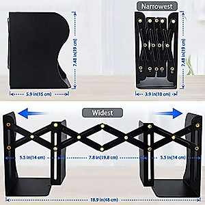 2PCS Non Skid Book Ends to Hold Books, Carooyac Heavy Duty Bookends Adjustable Book End, Metal Bookends for Shelves, Black Book Holders for Bookshelf Desk - Extends up to 19"