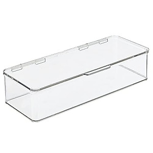 mDesign Long Plastic Home Office Storage Organizer Box Containers with Hinged Lid for Desktops - Holds Pens, Pencils, Sticky Notes, Highlighters, Staples, and Supplies - Clear