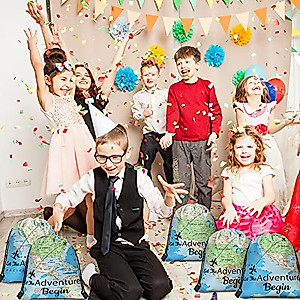 Ferraycle 16 Pieces World Map Drawstring Bags Let the Adventure Begin Travel Farewell Themed Party Decorations Travel Party Candy Goodie Bags for Kids (Classic Style)