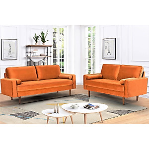 US Pride Furniture Velvet Tufted Sofa, Iconic Mid-Century Style Living Room Furniture with Contemporary Silhouette, Button Tufting and Wood Legs, Includes 2 Bolster Pillows, Couch, Orange