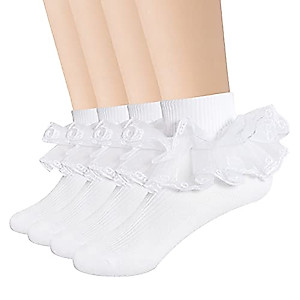 4 Pairs Toddler Girls Big Ruffle Lace Socks White Cotton Soft Cute Frilly Princess Dress Ankle Socks Little Kids 6-8Years