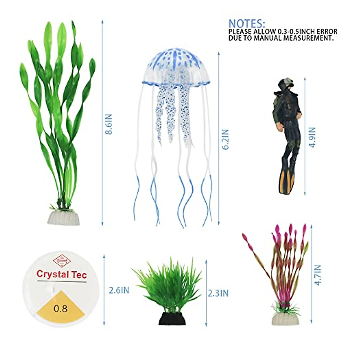 suruikei 8Pcs Fish Tank Decoration Set, Fishtank Diver Floating Decoration Aquarium Jellyfish Ornament Aquarium Artificial Plastic Plants Realistic for Various Kinds of Fish Tanks (H01)