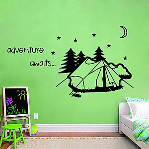 ANFRJJI Adventure Awaits Camping Wall Decal - Tent and Moonlight Sticker for RV and Club - PVC Wall Decor (Effect Size :35"x20"inch) (Black-JWH321-Camping)