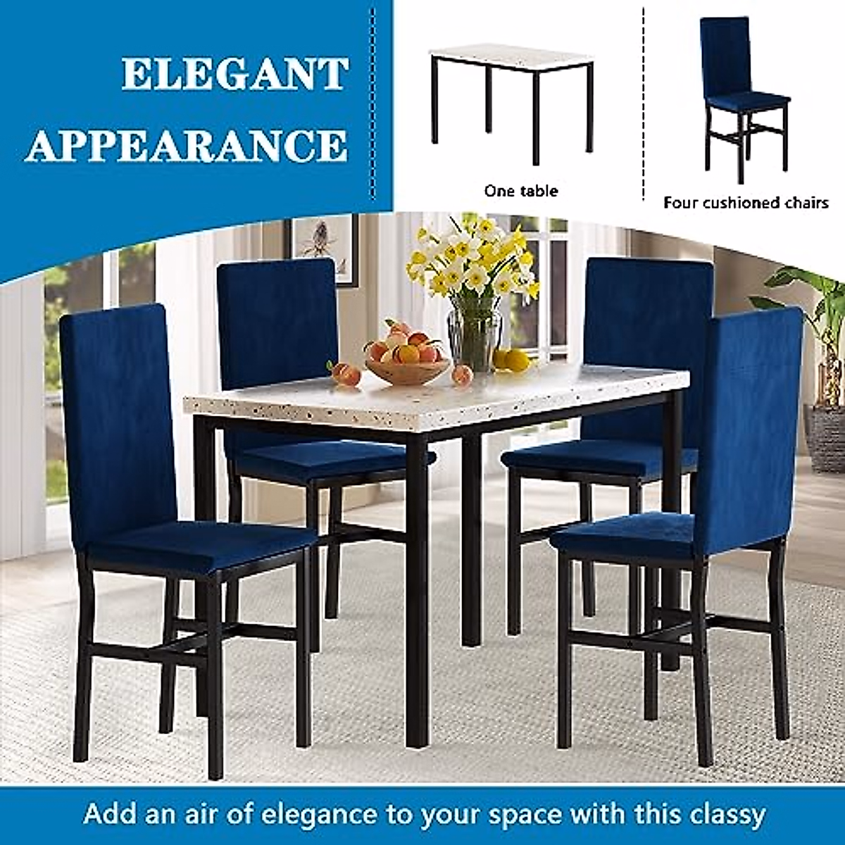 Hooseng Dining Table Set for 4, Faux Marble Kitchen Table and Chairs for 4, 5 Piece Dinner Kitchen Table Set -Size: 47L x 27W x 30H, Space Saving Dining Table Furniture Set for Apartment, Restaurant