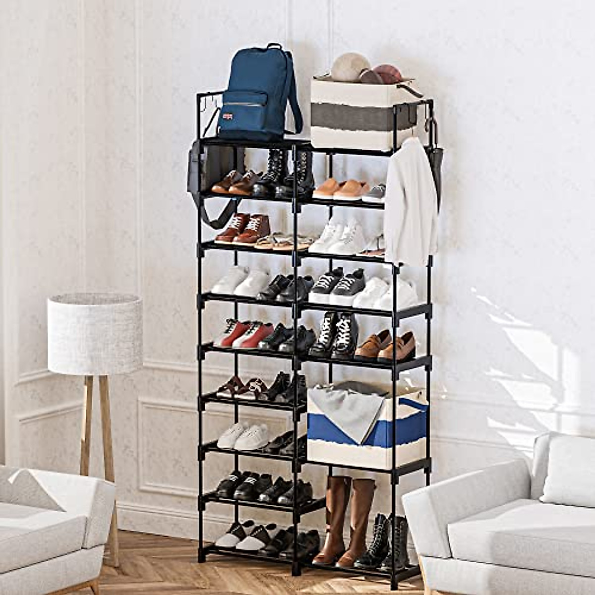 UMBFUN 9 Tiers Shoes Rack Organizer for Entryway Hold 32-40 Pairs Shoes and Boots Black Metal Garage Shoes Storage Tall Stackable Free Standing Big Shoe Rack for Closet with 4 Hooks(2x9)