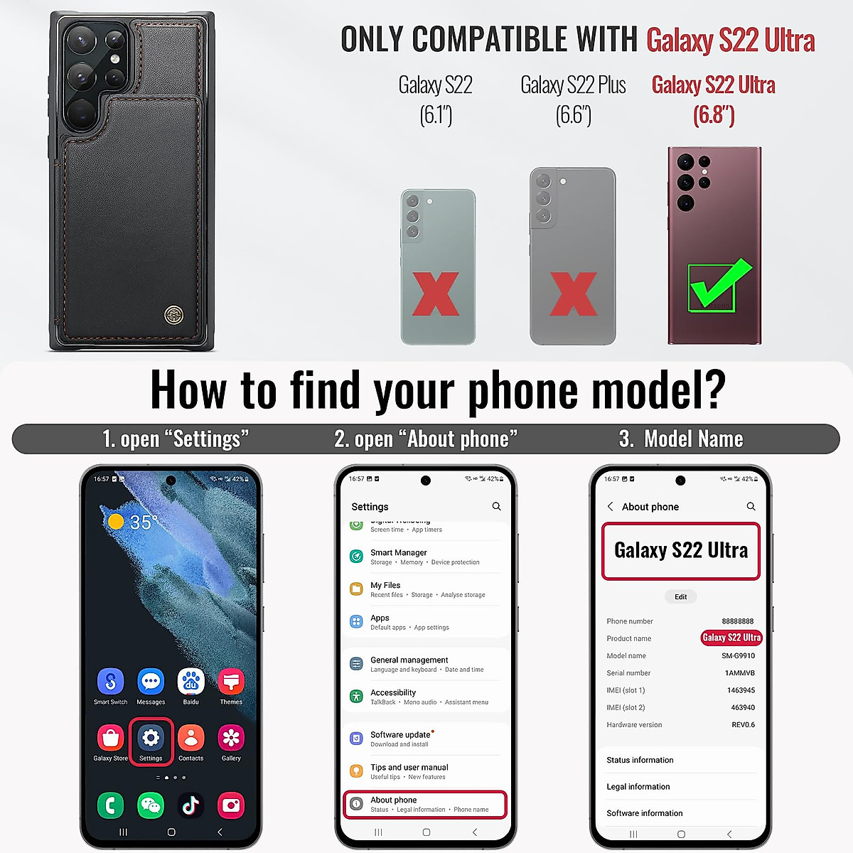 Vinich for Samsung Galaxy S22 Ultra Wallet Case with Card Holder, RFID Blocking Credit Slots Kickstand Shockproof Phone Cover for Women Men, Black