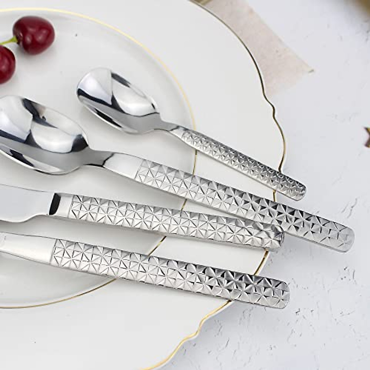 Silverware Set Flatware Cutlery Geometric Hammered Stainless Steel Kitchen Utensils Tableware，Mirror Finished，Service with Steak Knives Dinner Fork Knife Spoon