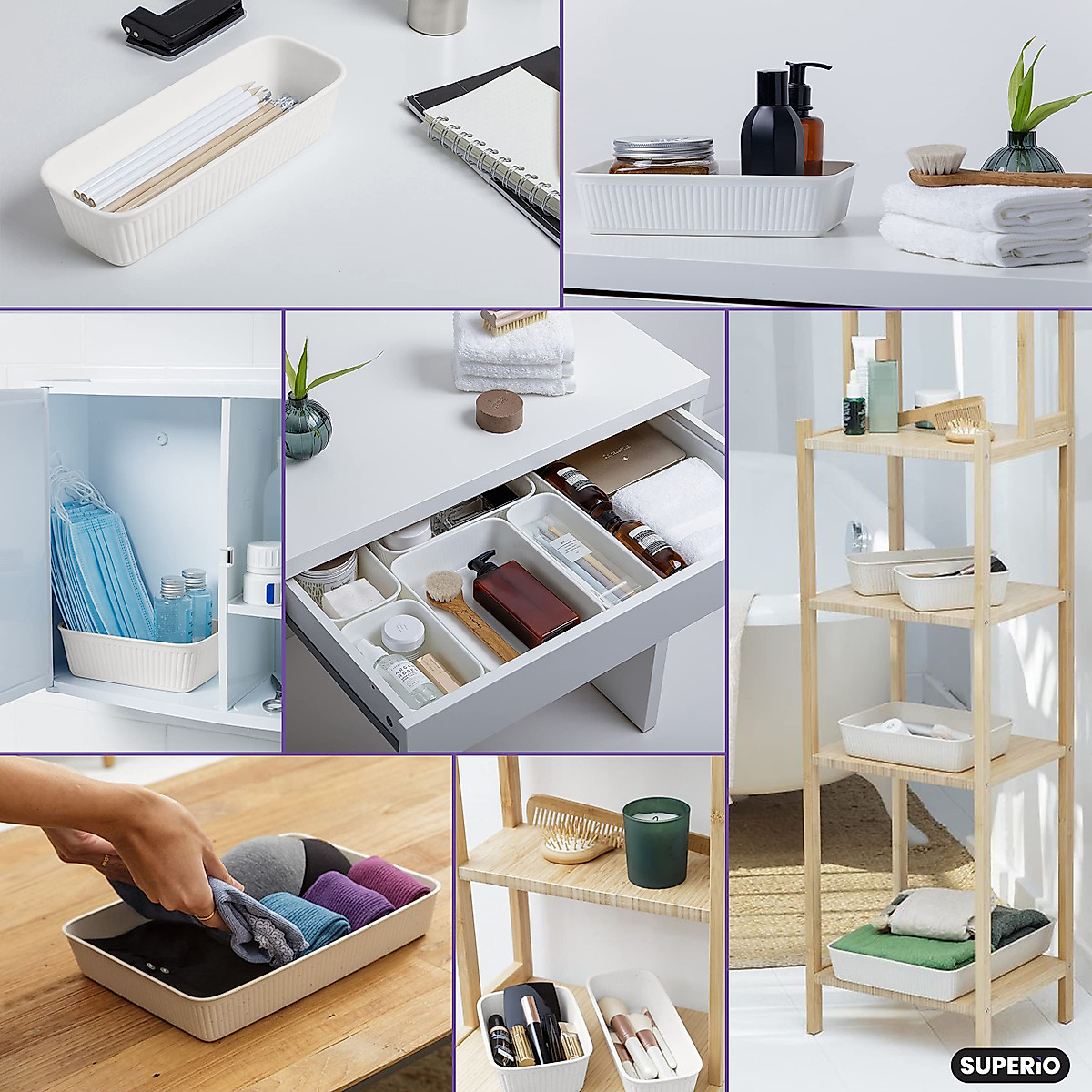 Superio Ribbed Collection - Decorative Plastic Desk Drawer Organizer Tray, White (Set of 5) Open Home Storage Bins Organizer Baskets, for Organizing Closet Shelves Drawer Shelf