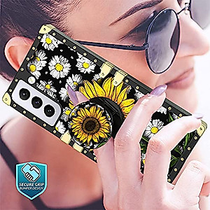 KANGHAR Designed for Samsung Galaxy S21 5G Case Sunflower with Tempered Glass Screen Protector Lanyard Strap Ring Holder Kickstand for Women Girls Flower Daisy Square with Finger Grip Stand 6.2"