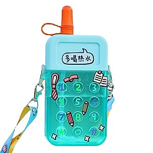 YunQin Creative Cell Phone Shaped Water Bottles,Leak Proof Cute Plastic Bottles with Adjustable Shoulder Strap and Straw, Multi-Colored Juice Drinking Bottles (300ML/10Oz) (Blue)