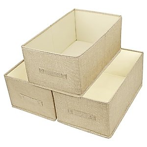 Open Storage Bins with Handle BOPEY Clothes Organizer Container Linen Fabric Foldable Basket for Home Closet Shelves Nursery Toys Books Beige Large 3-pack (BP006)
