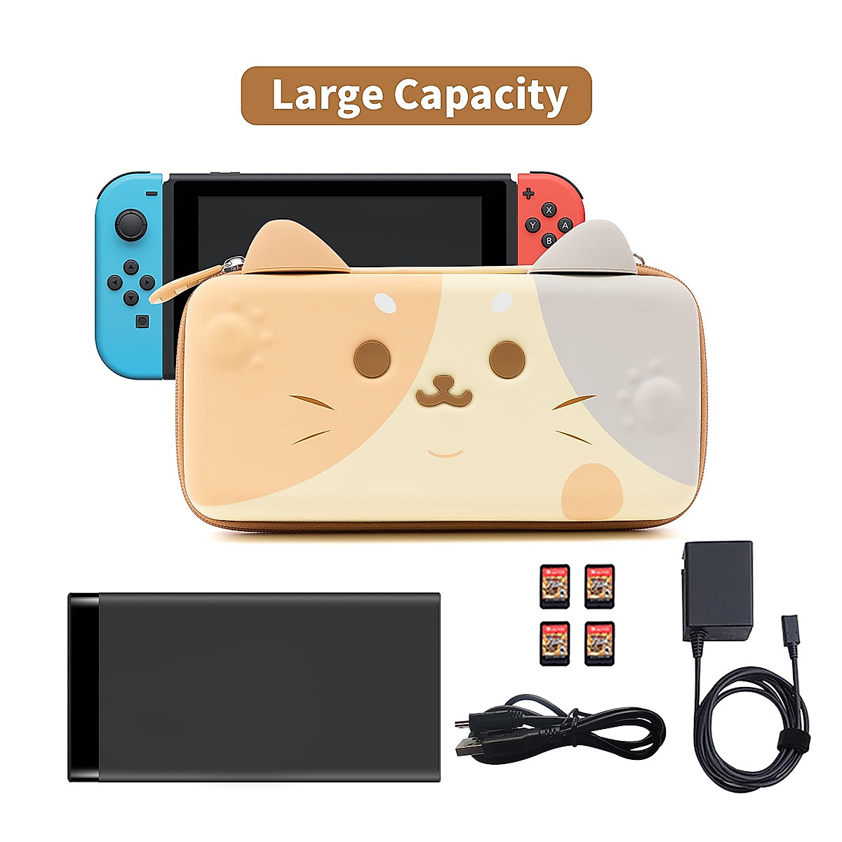 GeekShare Cat Ears Carry Case Compatible with Nintendo Switch OLED - Portable Hardshell Slim Travel Carrying Case fit Switch Console & Game Accessories (Multicolor, Large)