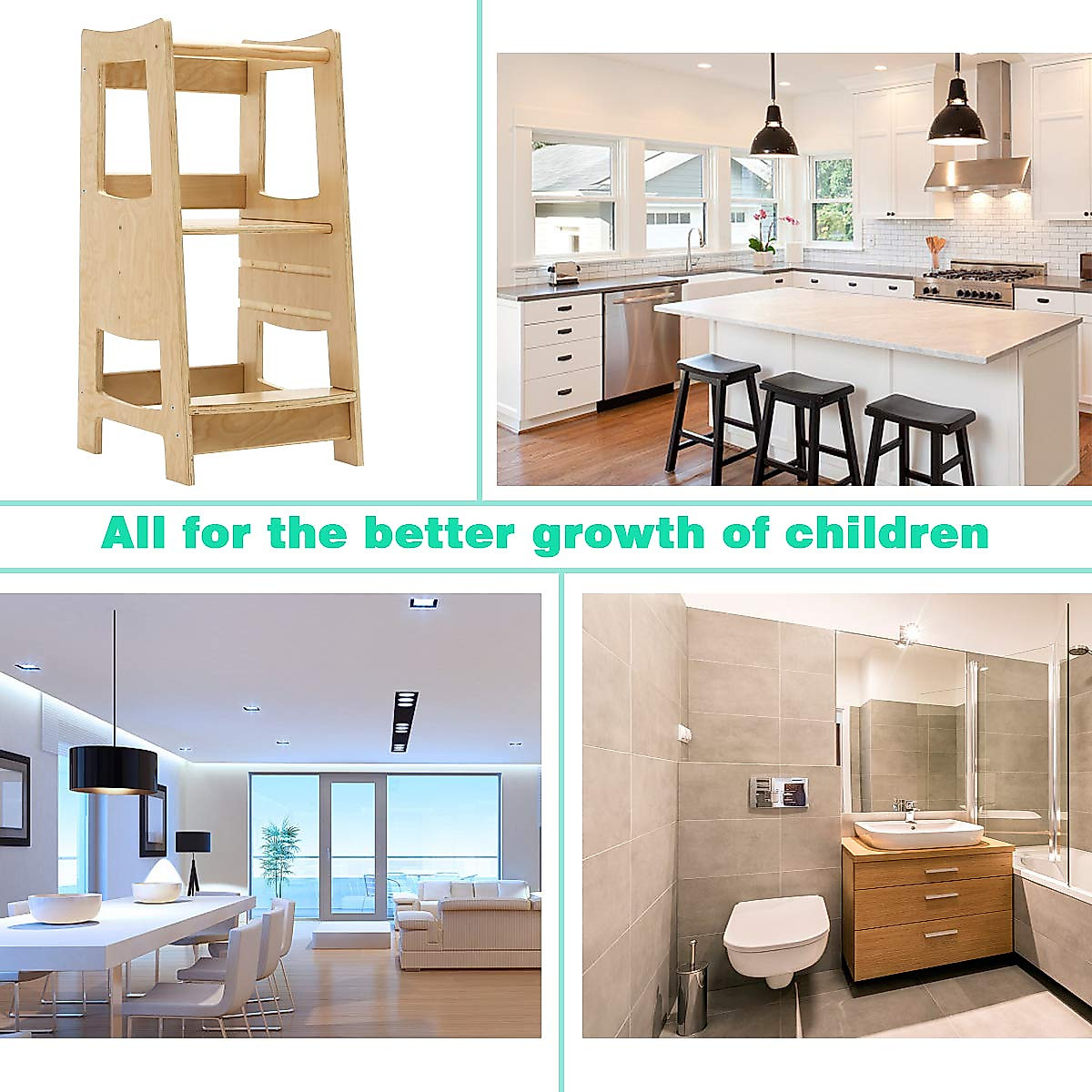 EGREE Toddlers Kitchen Step Stool with Safety Rail Kids Wooden Standing Tower for Kitchen Counter and Bathroom Sink, 3 Heights Adjustable Step Up Stool Mothers' Helper, Solid Wood Construction, White