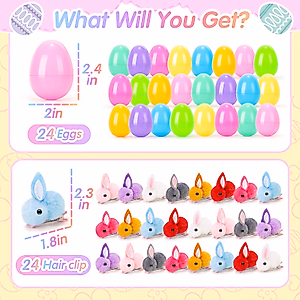 SevenQ Easter Eggs Fillers with Bunny Hair Clips Colorful 24 Pack, Easter Basket Stuffers Party Favors Gift Bags for Kids Cute Stuff Plush Fidget Toys Classroom Treasure Box Egg Hunt Games Supplies