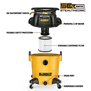 DEWALT 12 Gallon STEALTHSONIC Poly Wet/Dry Vacuum, DXV12P-QTA Newest Noise Reduction Vac, Heavy Duty Shop Vacuum for Jobsite/Workshop, Reduce Motor Noise, Yellow